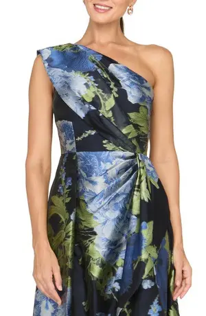 KAY UNGER Daisy Floral Jacquard One Shoulder Gown