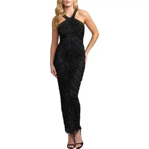Mac Duggal Halter Neck Embellished Maxi Dress - Black
