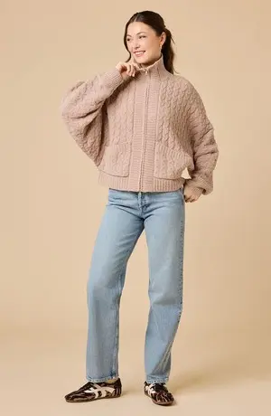 SOFTIES Cable Knit Marshmallow Funnel Neck Double Zip Jacket - Coco