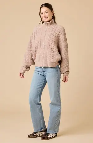 SOFTIES Cable Knit Marshmallow Funnel Neck Double Zip Jacket - Coco