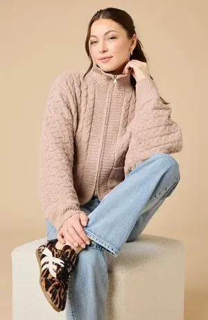 SOFTIES Cable Knit Marshmallow Funnel Neck Double Zip Jacket - Coco
