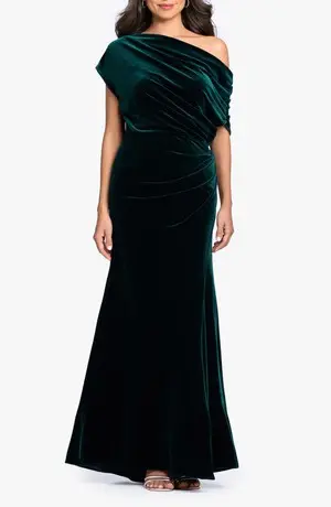 Betsy & Adam Off The Shoulder Asymmetric Velvet Gown - Hunter