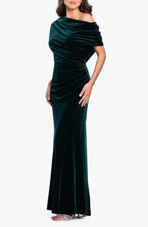 Betsy & Adam Off The Shoulder Asymmetric Velvet Gown
