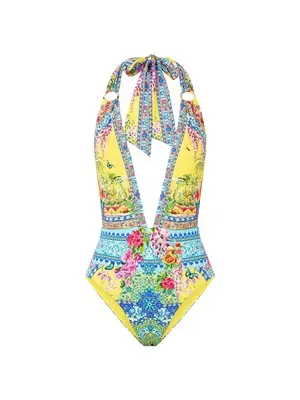 Camilla Printed Plunge Backless One-piece Swimsuit
