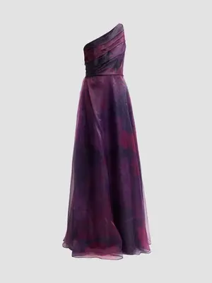Rene Ruiz Collection Floral Pleated One-shoulder Gown - Wine