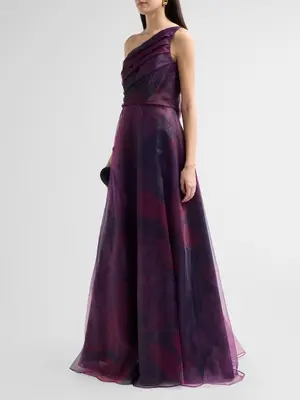 Rene Ruiz Collection Floral Pleated One-shoulder Gown