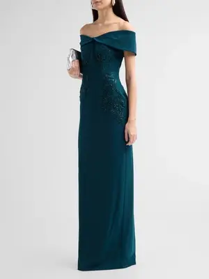 Rene Ruiz Collection Embroidered Off-the-shoulder Column Gown