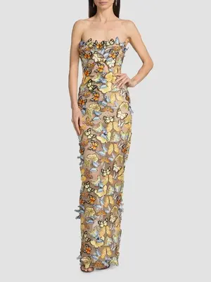 BRONX BANCO Bella 3d Butterfly Dahlia Strapless Gown