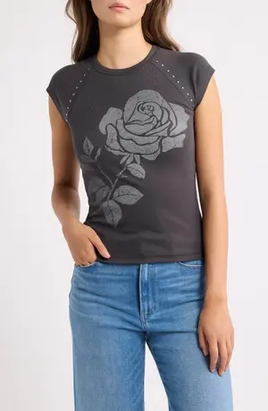 VINYL ICONS Rose Graphic Studded Raglan T-shirt - Phantom