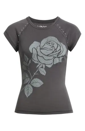 VINYL ICONS Rose Graphic Studded Raglan T-shirt