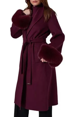 MARCIANO Ice Belted Coat With Faux Fur Cuffs