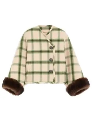 Valentino Garavani Peacoat In Green Macro Check With Shearling - Multi