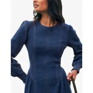 RO&ZO Gathered Long-sleeve Stretch-denim Midi Dress