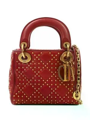 Dior 2017 Mini Lambskin Cannage Studded Supple Lady Satchel - Red