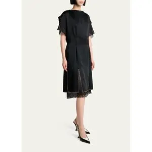LANVIN Cap-sleeve Studded Satin Paneled Midi Dress