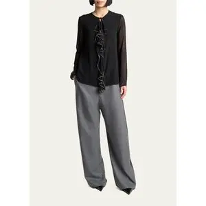 LANVIN Embroidered Ruffle Silk Georgette Long-sleeve Blouse