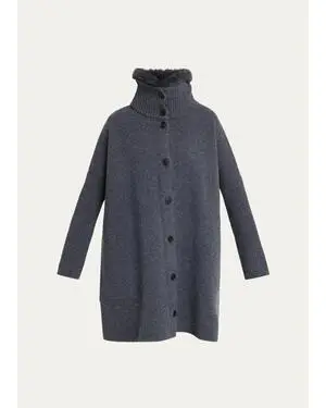 YVES SALOMON Goat Shearling Collar Oversized Wool Knit Coat - Pyre