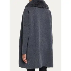 YVES SALOMON Goat Shearling Collar Oversized Wool Knit Coat