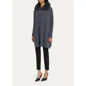 YVES SALOMON Goat Shearling Collar Oversized Wool Knit Coat