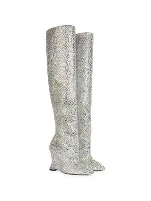 Balmain Wedge Thigh-high Satin Boots With Crystals