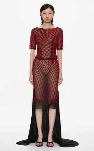 Christopher Esber Lattice Beaded Mullet Silk Midi Skirt