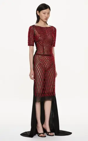 Christopher Esber Lattice Beaded Mullet Silk Midi Skirt