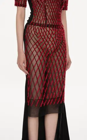 Christopher Esber Lattice Beaded Mullet Silk Midi Skirt