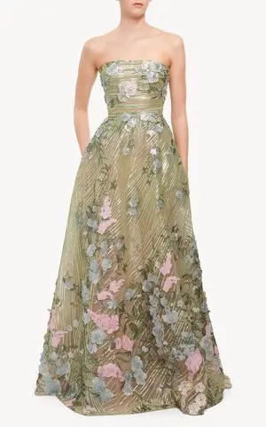 Elie Saab Floral Embellished Tulle Maxi Dress