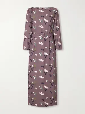 Bernadette Luce Belted Floral-print Crepe De Chine Midi Dress - Purple