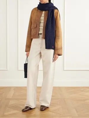 Polo Ralph Lauren Logo-embroidered Cable-knit Wool And Cashmere-blend Scarf