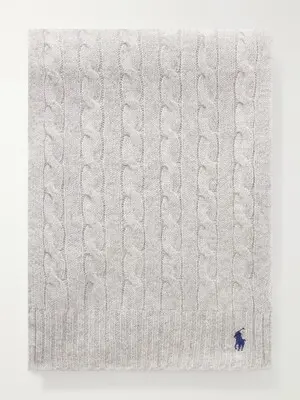Polo Ralph Lauren Logo-embroidered Cable-knit Wool And Cashmere-blend Scarf - Gray