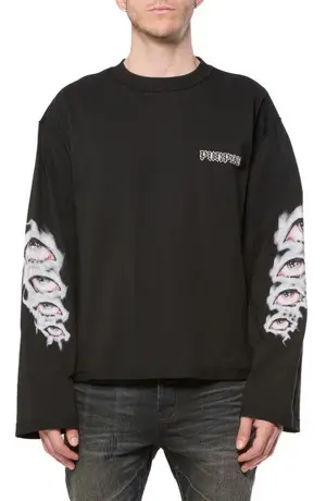 PURPLE BRAND Graphic Cropped Long Sleeve T-shirt - Black