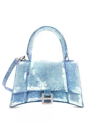 Balenciaga Hourglass Top Handle Bag Denim Printed Leather Small Satchel - Blue