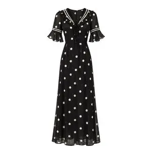 ROSE & NANCY Audrey Navy Polka Print Collar Detail Maxi Dress