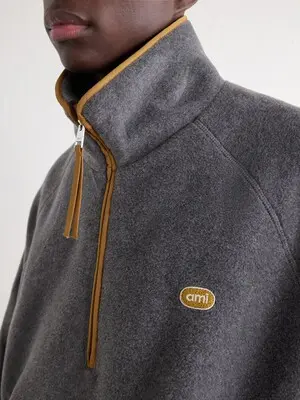 AMI Paris Logo-appliquéd Shell-trimmed Fleece Half-zip Sweater