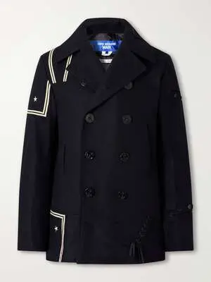 Junya Watanabe Double-breasted Appliquéd Wool-blend Felt Coat - Navy