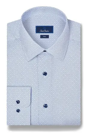 David Donahue Trim Fit Geometric Print Dress Shirt - White/navy