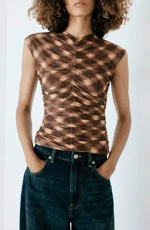 Mango Ruched Plaid Sleeveless Top - Brown