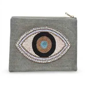 CASA DUNIYA Manika Gray Cosmetic Pouch – Hand-beaded Evil Eye On Jute