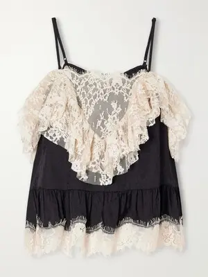 Sea Ethel Ruffled Lace-trimmed Floral-jacquard Satin Cami - Black