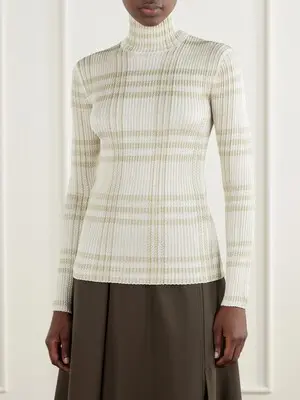 Burberry Genevia Checked Knitted Turtleneck Sweater - Neutrals