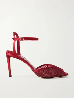 JIMMY CHOO Sacora 85 Crystal-embellished Satin-trimmed Mesh Sandals - Red
