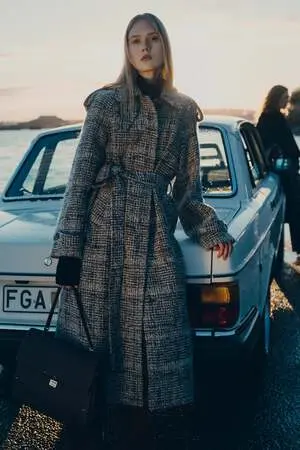 Fabrique Blaise Mélange Plaid Belted Long Coat In Bouclé Tweed