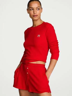 Victoria's Secret Waffle Knit Long-sleeve Short Pajama Set - Red