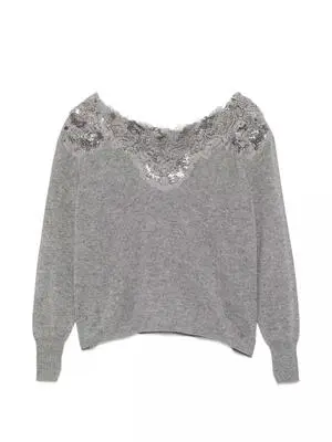 Ermanno Scervino Lace-trimmed Sequin-embellished Sweater - Grey