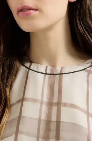 Brunello Cucinelli Silk Organza T-shirt In Macrocheck Print With Shiny Neck Detail - Buff