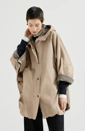 Brunello Cucinelli Cotton And Linen Twill Hooded Outerwear Jacket With Monili - Camel