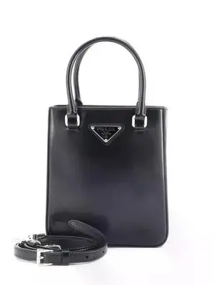 Prada Convertible Tote Brushed Leather Small Crossbody Bag - Black