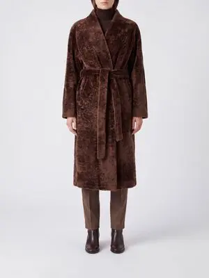 ARMA Long Shawl-collar Shearling Wrap Coat With A Tie-waist Belt