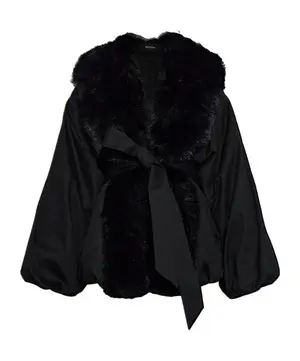 ROTATE BY BIRGER CHRISTENSEN Belted Faux Fur Collar Coat - Black